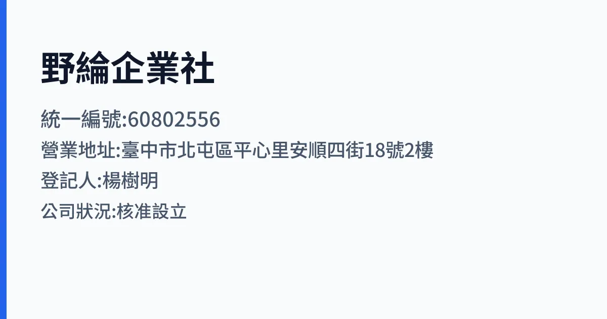 野綸企業社 - 統編 60802556(臺中市) 公司登記資料與營業項目詳細圖表