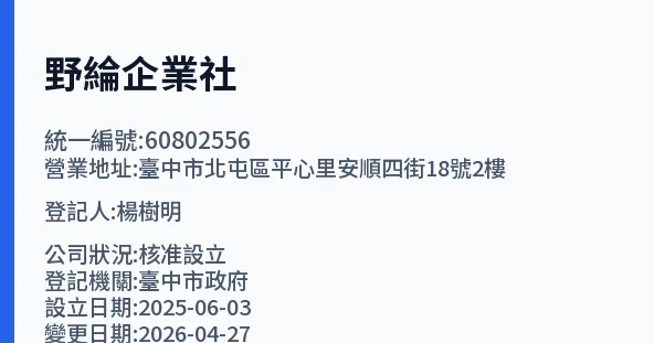 野綸企業社的照片-統編 60802556(臺中市) 公司登記資料與營業項目詳細圖表