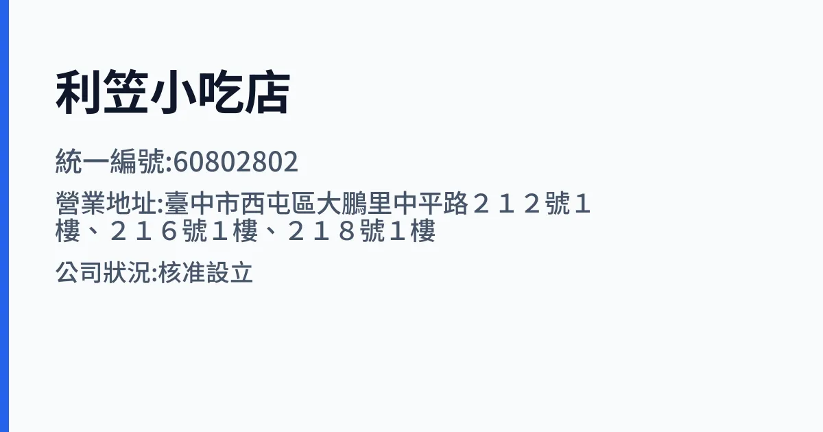 利笠小吃店 - 統編 60802802（臺中市） 公司登記資料與營業項目詳細圖表