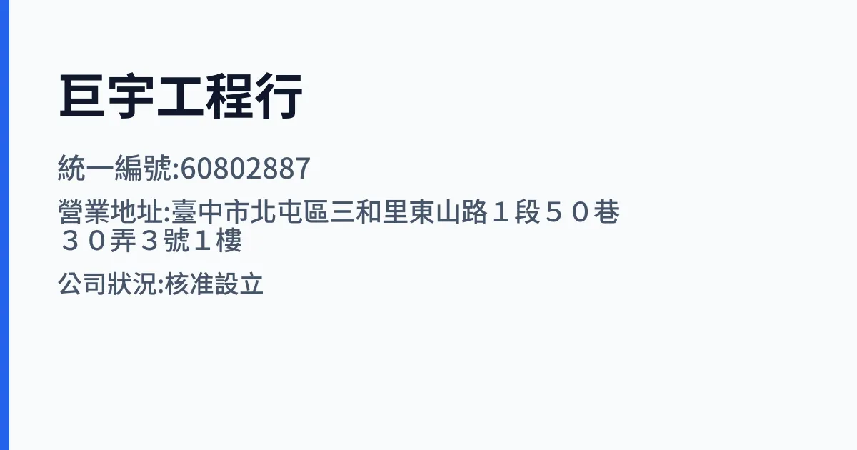 巨宇工程行 - 統編 60802887(臺中市) 公司登記資料與營業項目詳細圖表