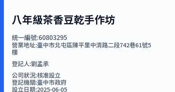 八年級茶香豆乾手作坊的照片-統編 60803295(臺中市) 公司登記資料與營業項目詳細圖表