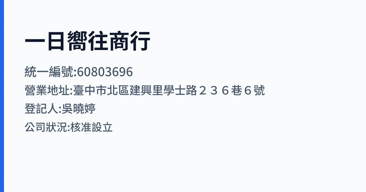 一日嚮往商行 - 統編 60803696（臺中市） 公司登記資料與營業項目詳細圖表