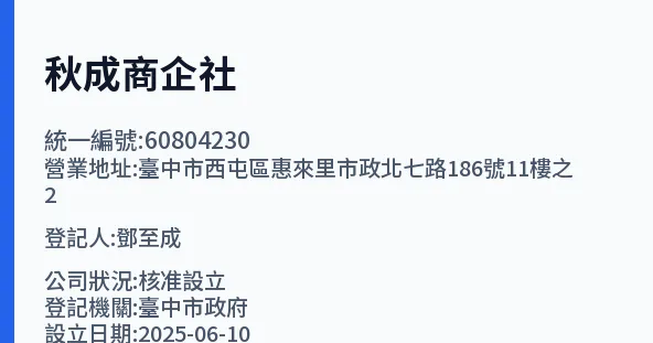 秋成商企社的照片-統編 60804230(臺中市) 公司登記資料與營業項目詳細圖表