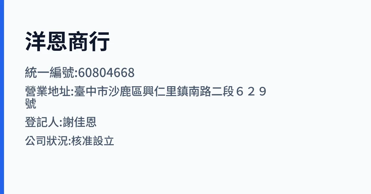 洋恩商行 - 統編 60804668(臺中市) 公司登記資料與營業項目詳細圖表