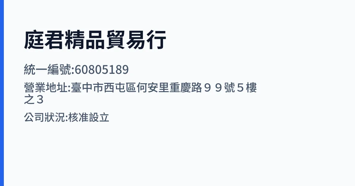 庭君精品貿易行 - 統編 60805189(臺中市) 公司登記資料與營業項目詳細圖表