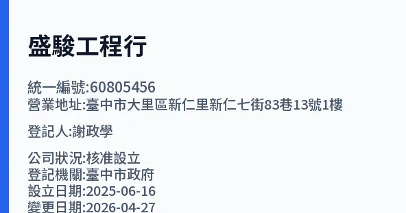 盛駿工程行的照片-統編 60805456(臺中市) 公司登記資料與營業項目詳細圖表