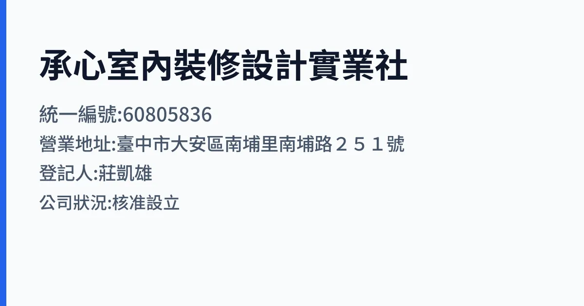 承心室內裝修設計實業社 - 統編 60805836(臺中市) 公司登記資料與營業項目詳細圖表