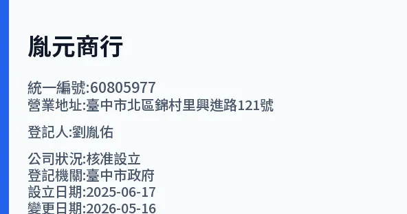 胤元商行的照片-統編 60805977(臺中市) 公司登記資料與營業項目詳細圖表