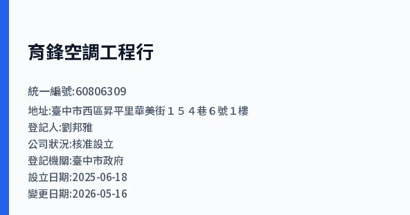 育鋒空調工程行的照片-統編 60806309(臺中市) 公司登記資料與營業項目詳細圖表