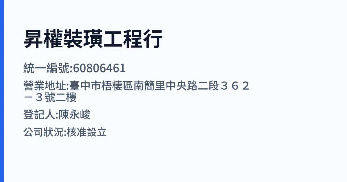 昇權裝璜工程行 - 統編 60806461(臺中市) 公司登記資料與營業項目詳細圖表