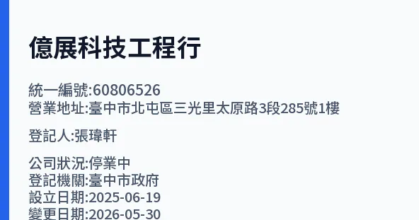 億展科技工程行的照片-統編 60806526(臺中市) 公司登記資料與營業項目詳細圖表