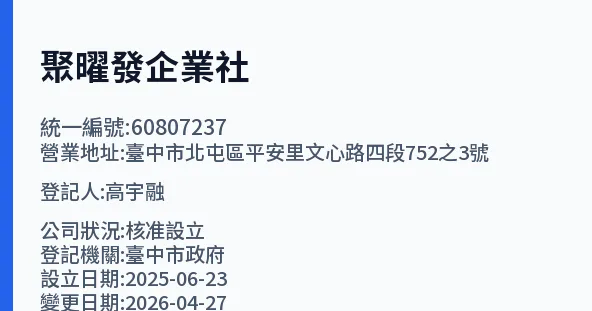 聚曜發企業社的照片-統編 60807237(臺中市) 公司登記資料與營業項目詳細圖表
