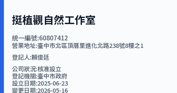 挺植觀自然工作室的照片-統編 60807412(臺中市) 公司登記資料與營業項目詳細圖表