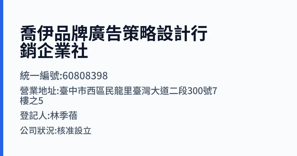 喬伊品牌廣告策略設計行銷企業社 - 統編 60808398(臺中市) 公司登記資料與營業項目詳細圖表