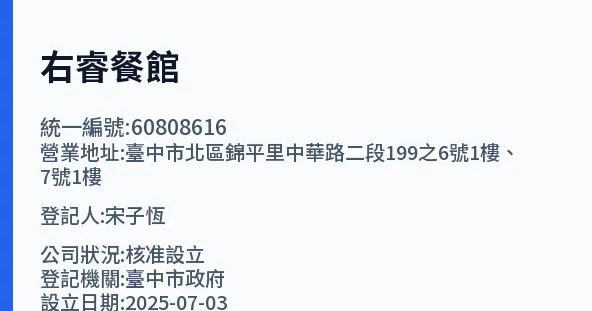 右睿餐館的照片-統編 60808616(臺中市) 公司登記資料與營業項目詳細圖表