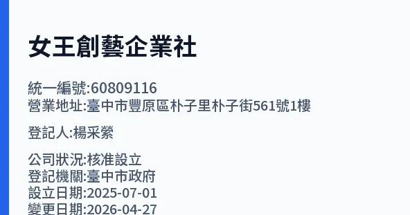 女王創藝企業社的照片-統編 60809116(臺中市) 公司登記資料與營業項目詳細圖表