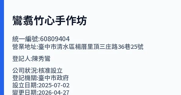 鸞翥竹心手作坊的照片-統編 60809404(臺中市) 公司登記資料與營業項目詳細圖表