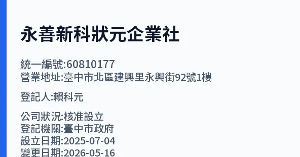 永善新科狀元企業社的照片-統編 60810177(臺中市) 公司登記資料與營業項目詳細圖表