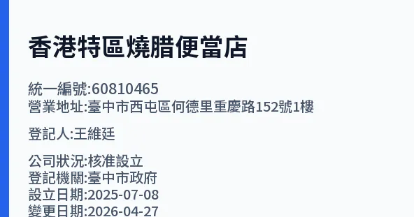 香港特區燒腊便當店的照片-統編 60810465(臺中市) 公司登記資料與營業項目詳細圖表