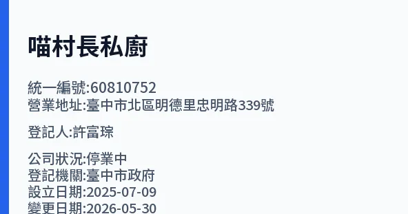 喵村長私廚的照片-統編 60810752(臺中市) 公司登記資料與營業項目詳細圖表