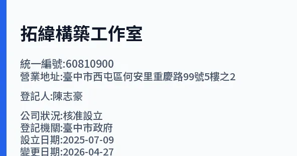 拓緯構築工作室的照片-統編 60810900(臺中市) 公司登記資料與營業項目詳細圖表