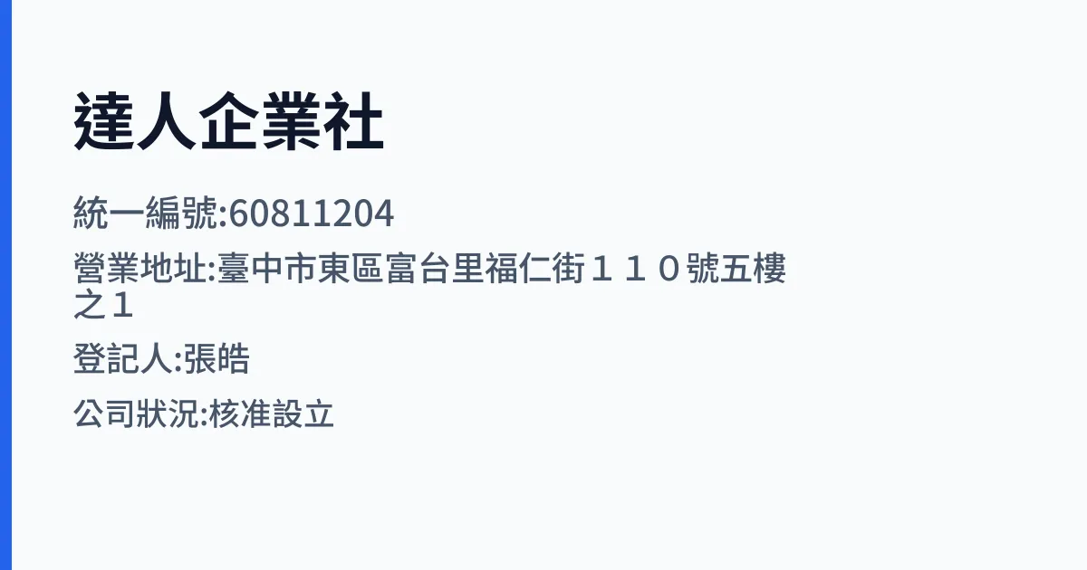 達人企業社 - 統編 60811204(臺中市) 公司登記資料與營業項目詳細圖表