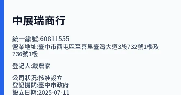 中展瑞商行的照片-統編 60811555(臺中市) 公司登記資料與營業項目詳細圖表