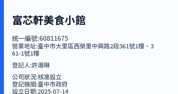 富芯軒美食小館的照片-統編 60811675(臺中市) 公司登記資料與營業項目詳細圖表