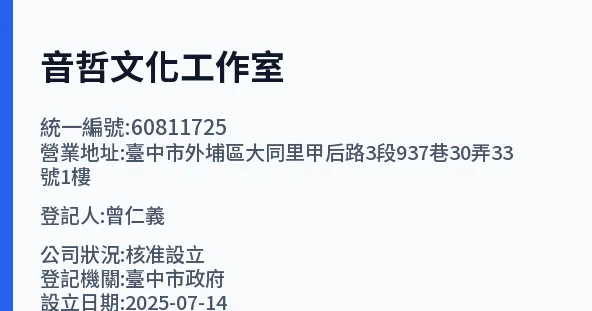 音哲文化工作室的照片-統編 60811725(臺中市) 公司登記資料與營業項目詳細圖表