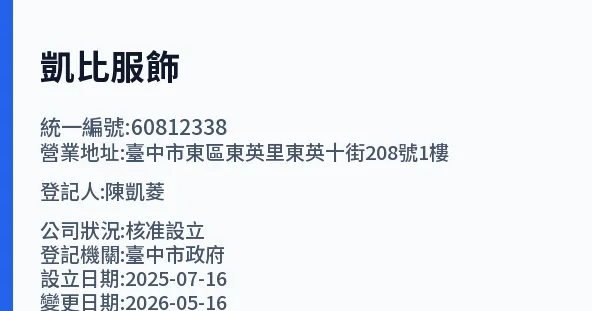 凱比服飾的照片-統編 60812338(臺中市) 公司登記資料與營業項目詳細圖表