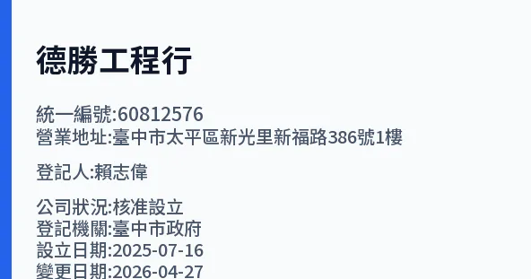 德勝工程行的照片-統編 60812576(臺中市) 公司登記資料與營業項目詳細圖表