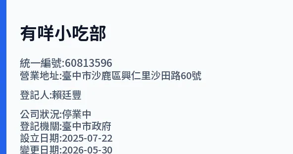 有咩小吃部的照片-統編 60813596(臺中市) 公司登記資料與營業項目詳細圖表