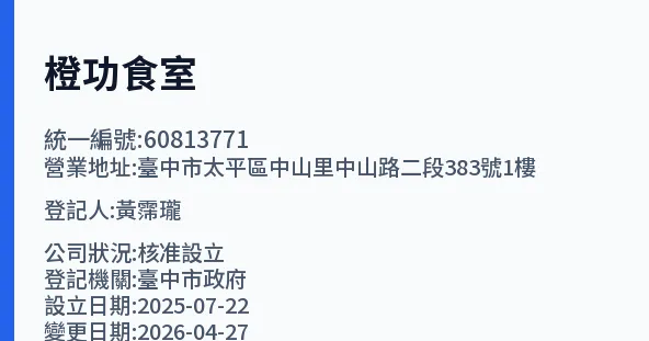 橙功食室的照片-統編 60813771(臺中市) 公司登記資料與營業項目詳細圖表