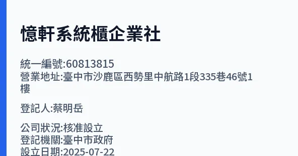 憶軒系統櫃企業社的照片-統編 60813815(臺中市) 公司登記資料與營業項目詳細圖表
