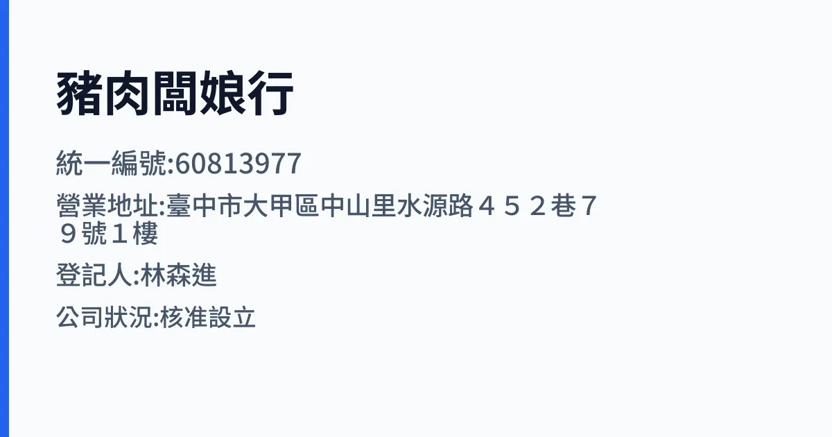 豬肉闆娘行 - 統編 60813977（臺中市） 公司登記資料與營業項目詳細圖表