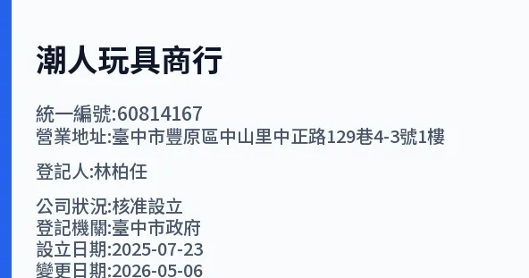 潮人玩具商行的照片-統編 60814167(臺中市) 公司登記資料與營業項目詳細圖表