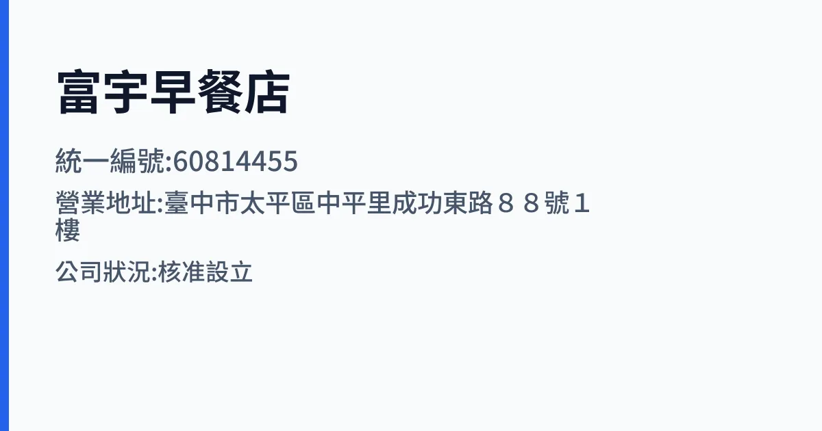 富宇早餐店 - 統編 60814455(臺中市) 公司登記資料與營業項目詳細圖表