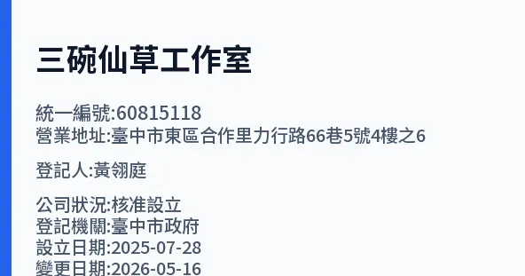 三碗仙草工作室的照片-統編 60815118(臺中市) 公司登記資料與營業項目詳細圖表
