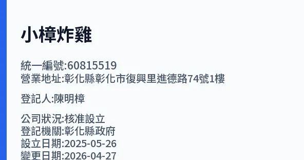 小樟炸雞的照片-統編 60815519(彰化縣) 公司登記資料與營業項目詳細圖表