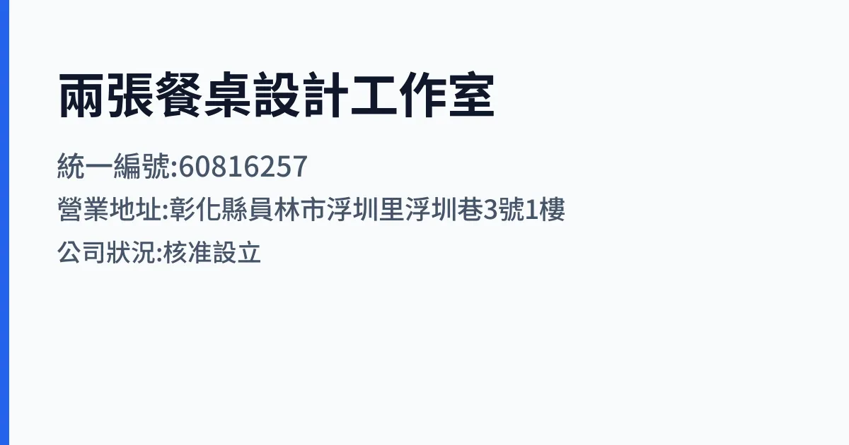 兩張餐桌設計工作室 - 統編 60816257(彰化縣) 公司登記資料與營業項目詳細圖表