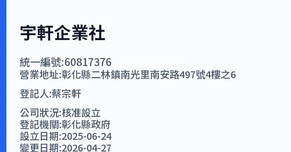 宇軒企業社的照片-統編 60817376(彰化縣) 公司登記資料與營業項目詳細圖表