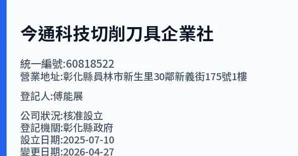 今通科技切削刀具企業社的照片-統編 60818522(彰化縣) 公司登記資料與營業項目詳細圖表