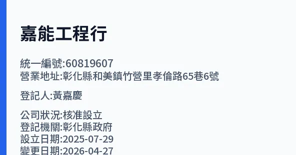 嘉能工程行的照片-統編 60819607(彰化縣) 公司登記資料與營業項目詳細圖表