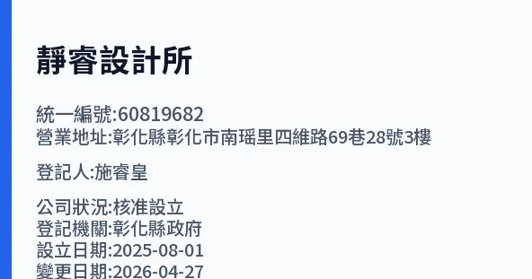 靜睿設計所的照片-統編 60819682(彰化縣) 公司登記資料與營業項目詳細圖表