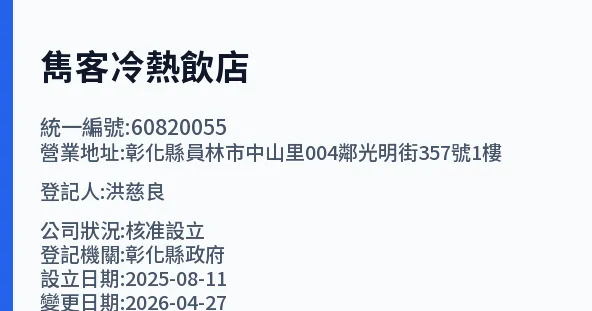 雋客冷熱飲店的照片-統編 60820055(彰化縣) 公司登記資料與營業項目詳細圖表
