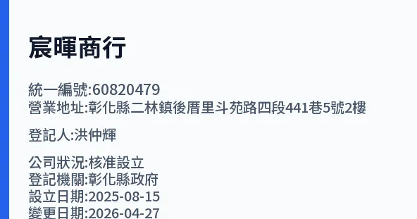 宸暉商行的照片-統編 60820479(彰化縣) 公司登記資料與營業項目詳細圖表