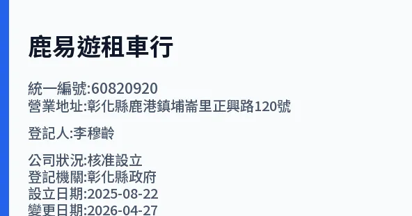 鹿易遊租車行的照片-統編 60820920(彰化縣) 公司登記資料與營業項目詳細圖表