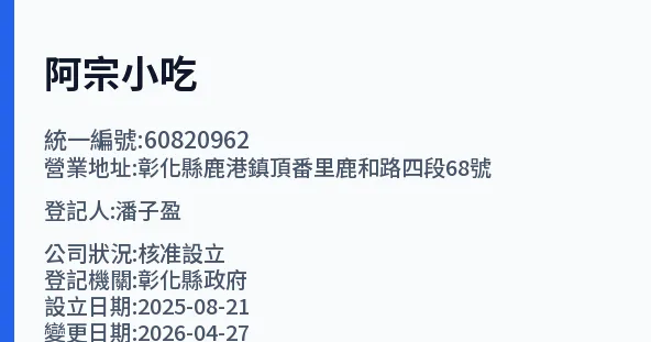 阿宗小吃的照片-統編 60820962(彰化縣) 公司登記資料與營業項目詳細圖表