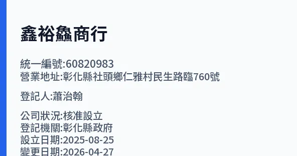 鑫裕鱻商行的照片-統編 60820983(彰化縣) 公司登記資料與營業項目詳細圖表