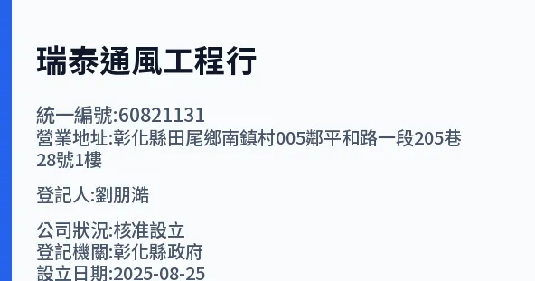 瑞泰通風工程行的照片-統編 60821131(彰化縣) 公司登記資料與營業項目詳細圖表